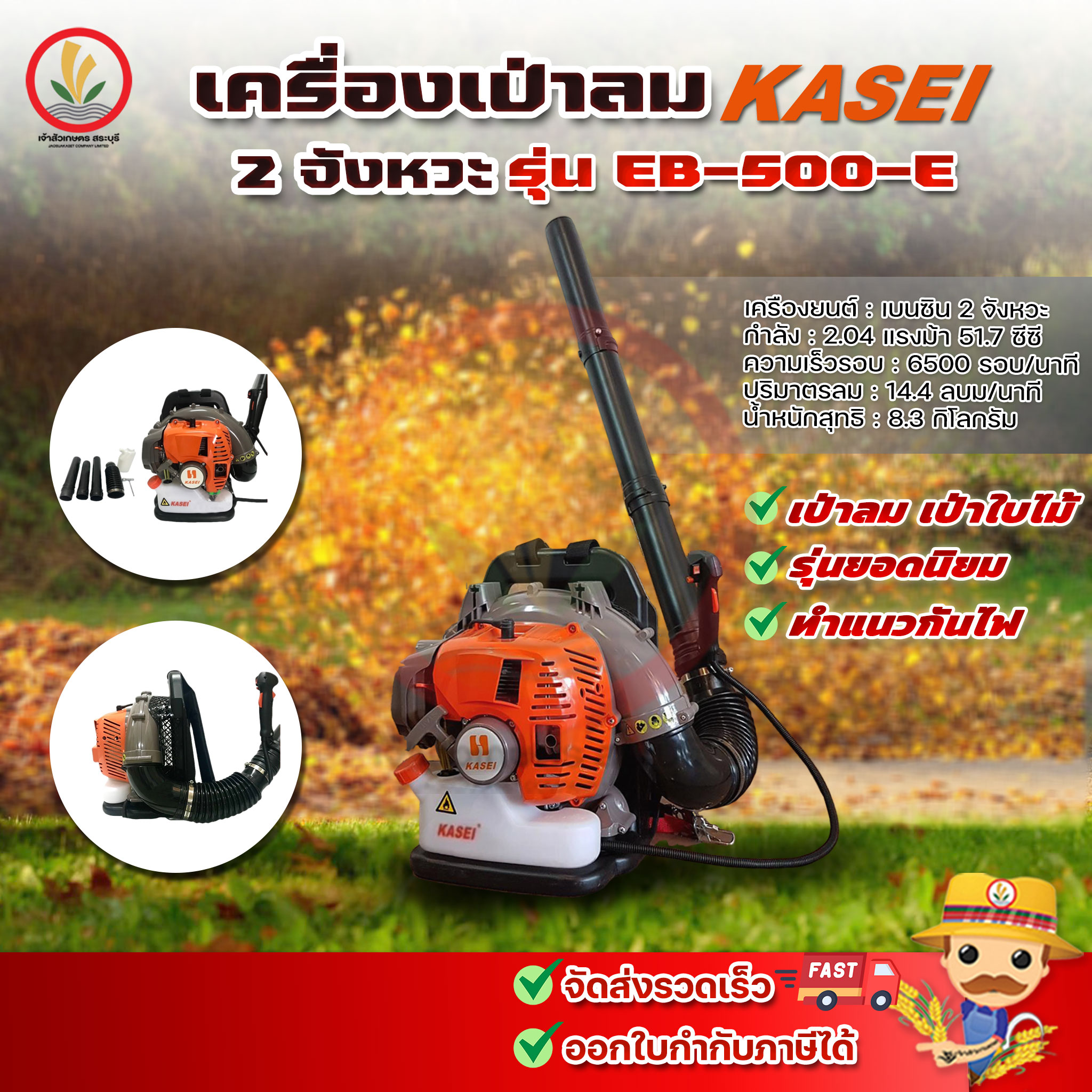 เครื่องเป่าพ่นลม เครื่องเป่าใบไม้ KASEI รุ่น EB-500-E พ่นลม เป่าใบไม้ สะพายหลัง เครื่องยนต์ 2 ...